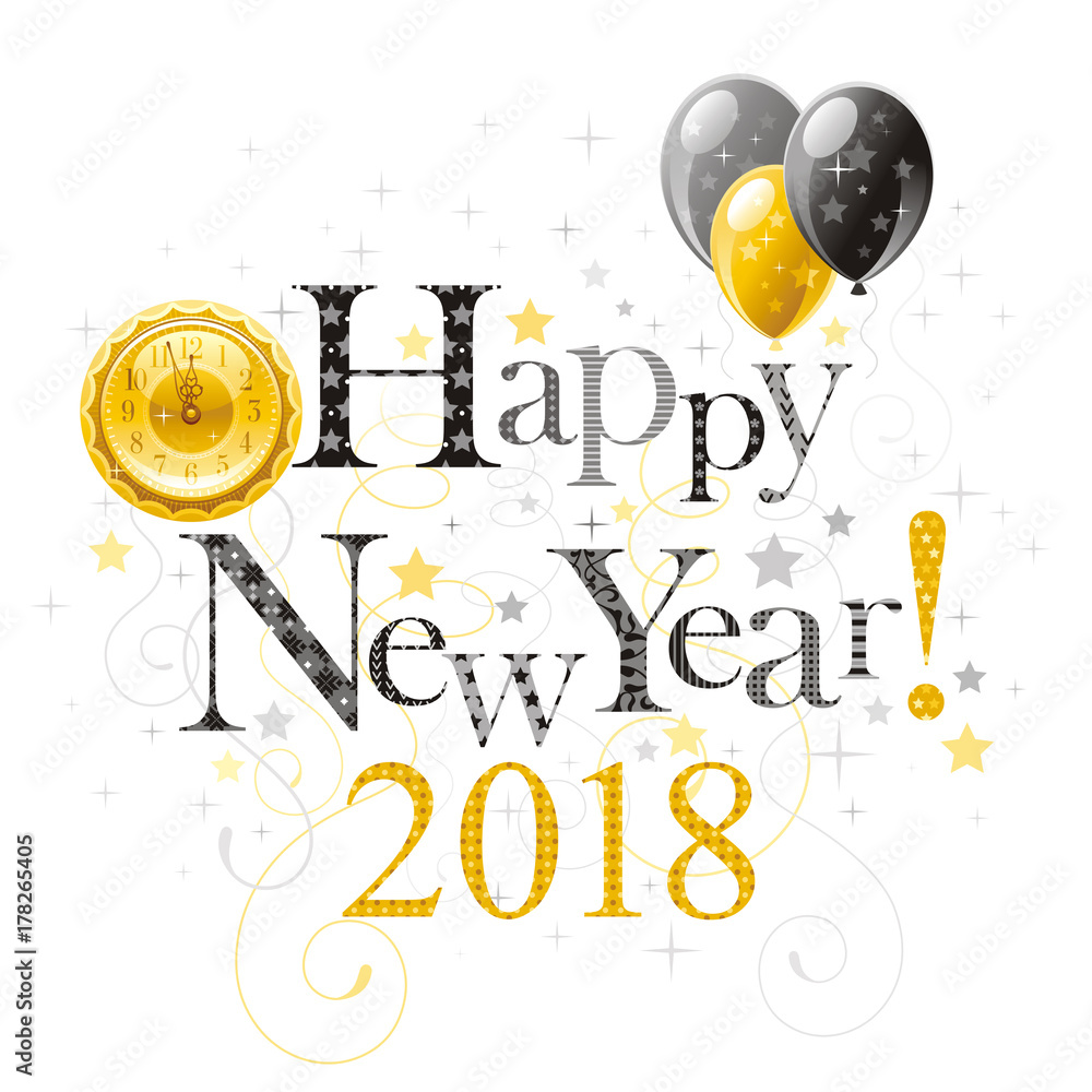 Happy new year 2018 logo border. Vector poster with clock, balloons ...