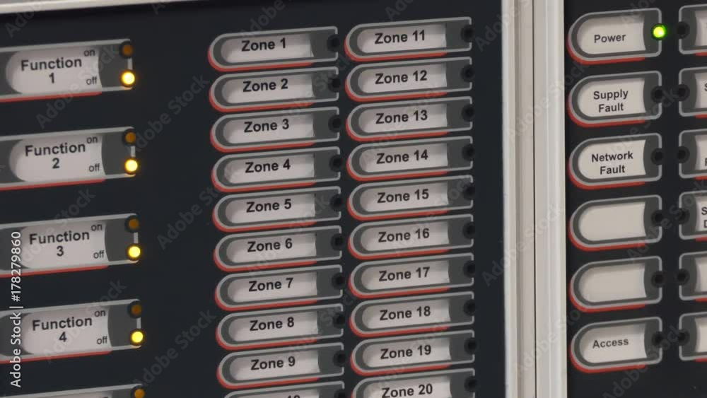 Close up of multi zone fire alarm panel with touch screen control on ...