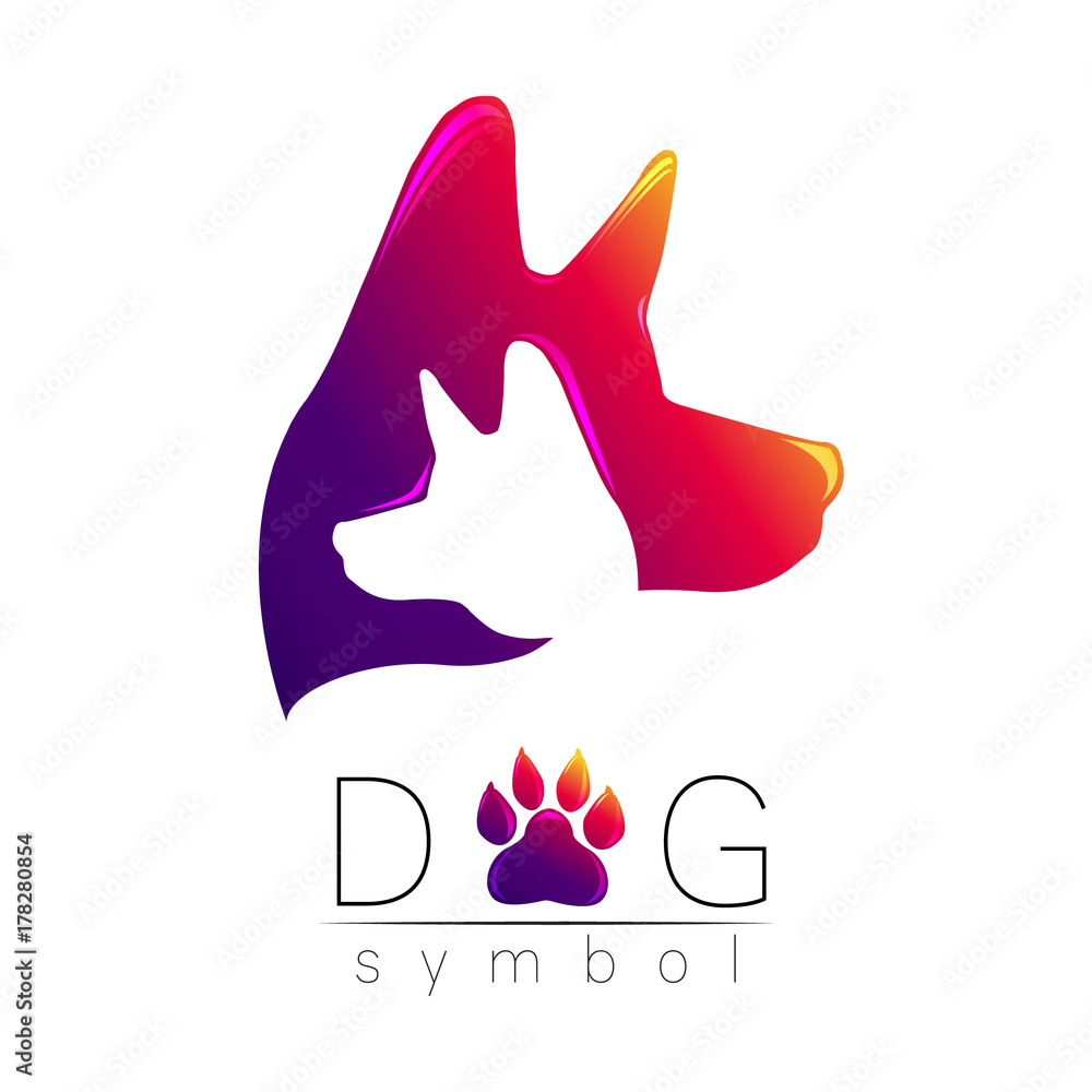 Dog logo vector. Violet pink yellow tren gradient. silhouette pet. Paw ...