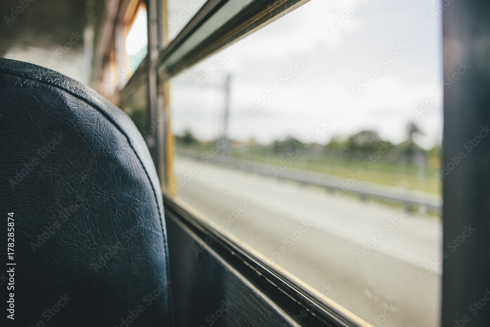 Window view in old school bus Stock Photo | Adobe Stock