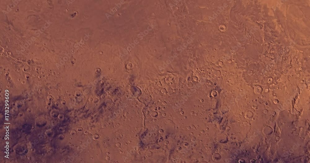 Very high altitude aerial flyover of Mars' equator at 180 degrees ...