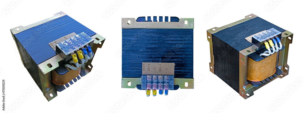 Transformer for electrical system and isolated on white background ...