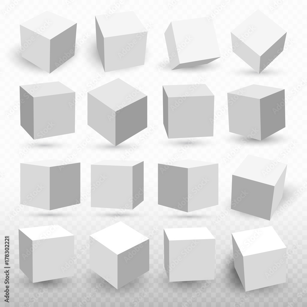 A set of cube icons with a perspective 3d cube model with a shadow. Vector illustration ...