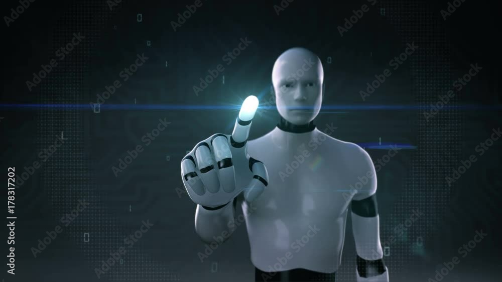 Robot, cyborg touching screen in digital interface background 4K size ...