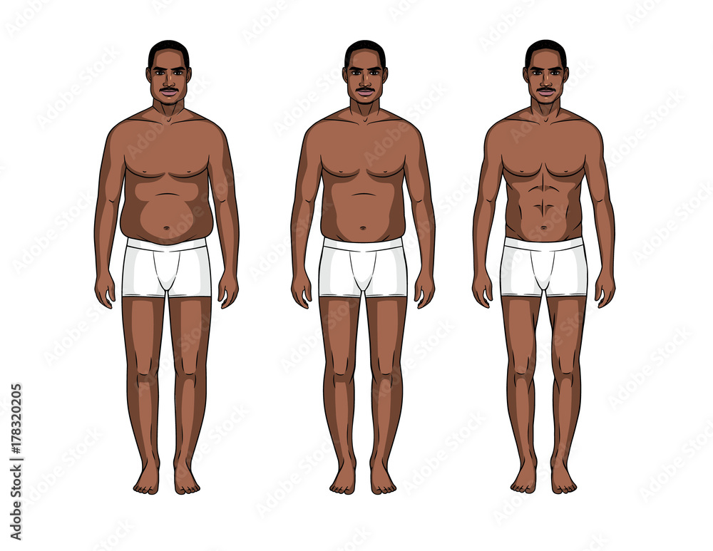 Steps of body transformation. Afro american guy before and after lose ...