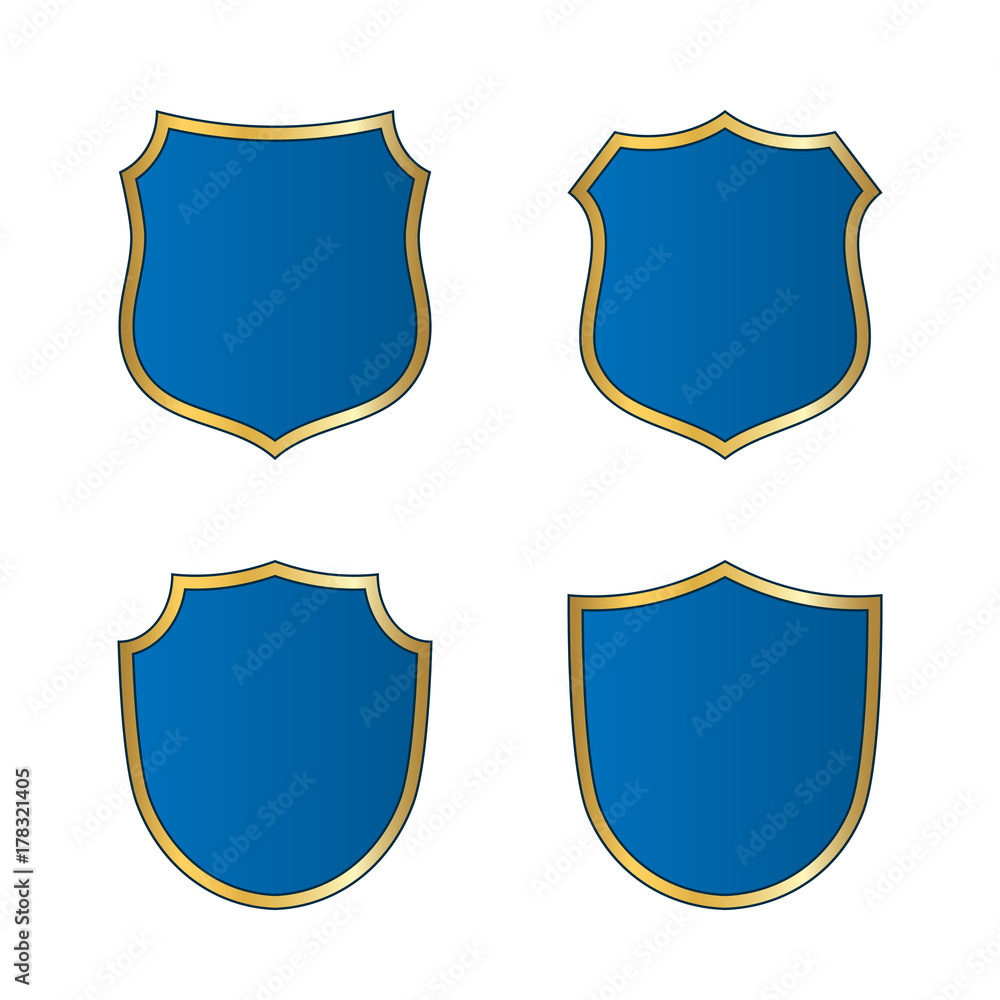 Gold-blue shield shape icons set. Bright logo emblem sign isolated on ...