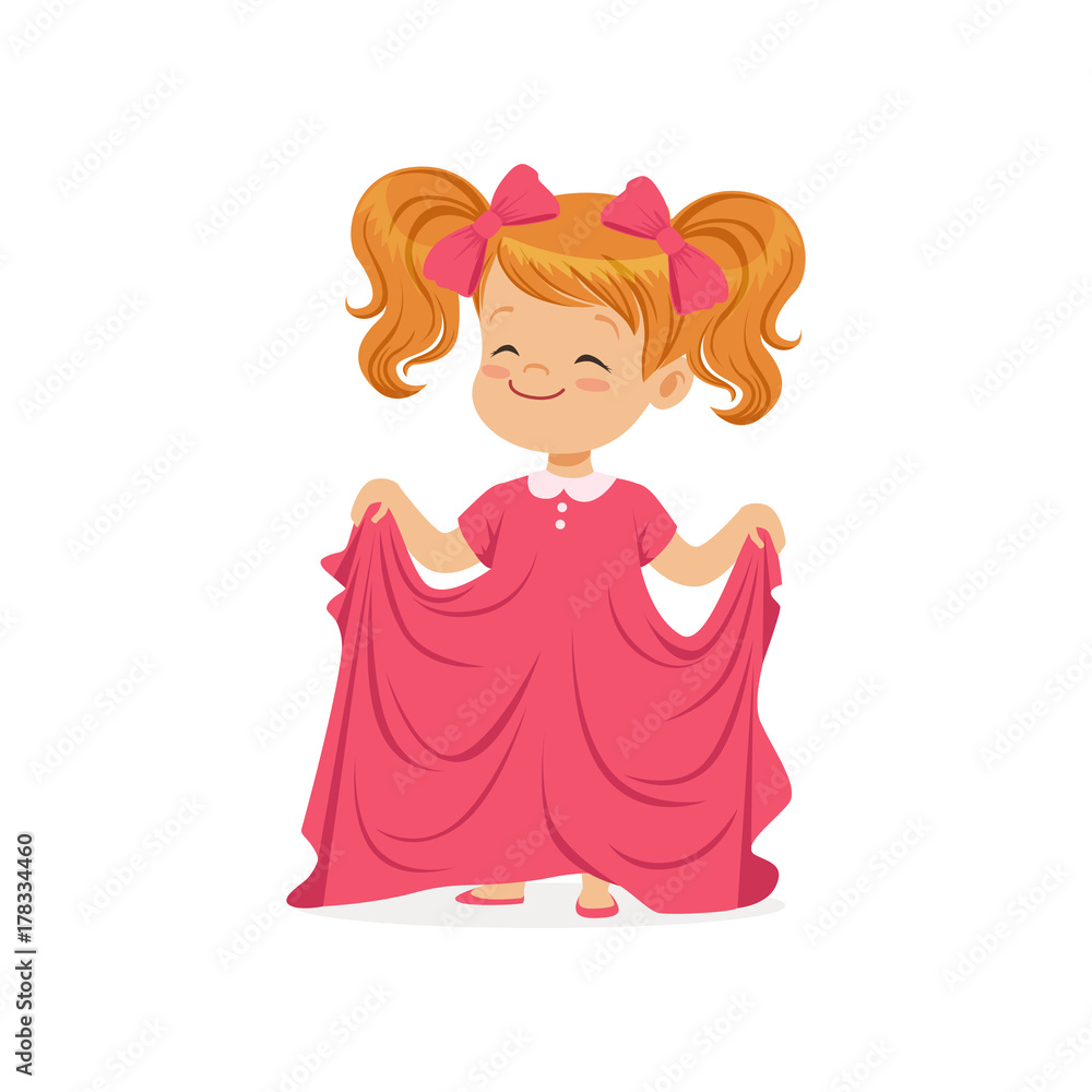 Sweet redhead girl wearing dult oversized pink dress, kid pretending to ...