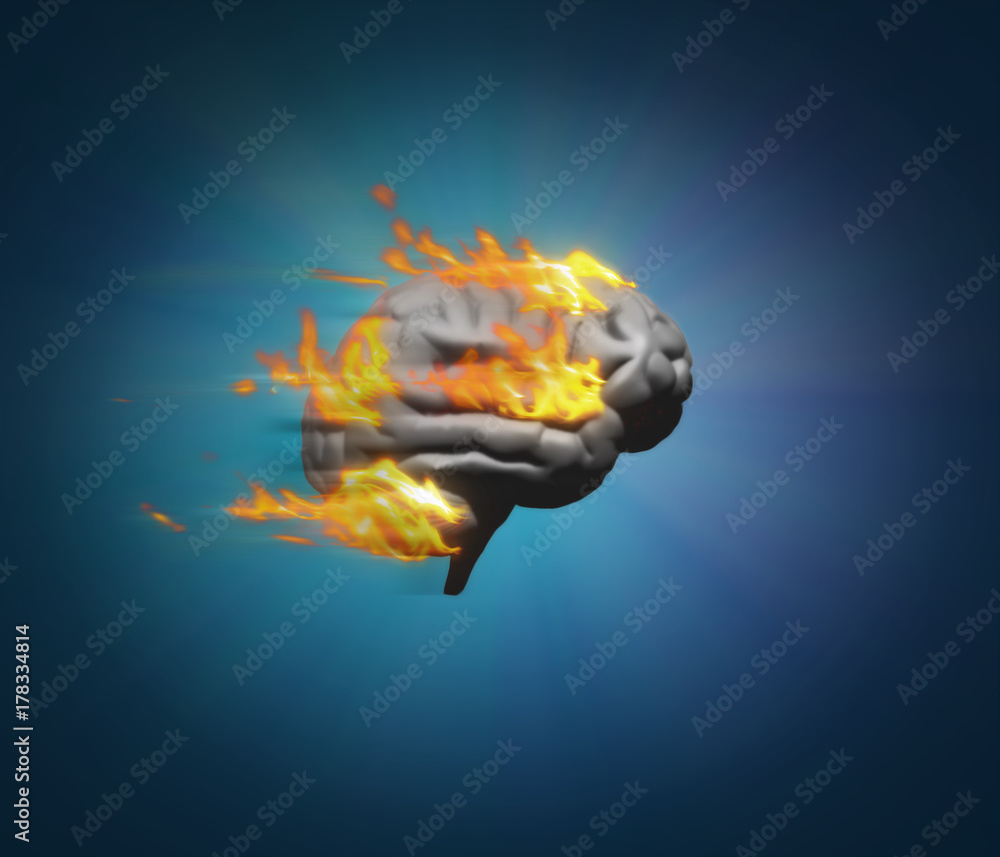 Burning brain - brain model on fire symbolising running at speed and ...
