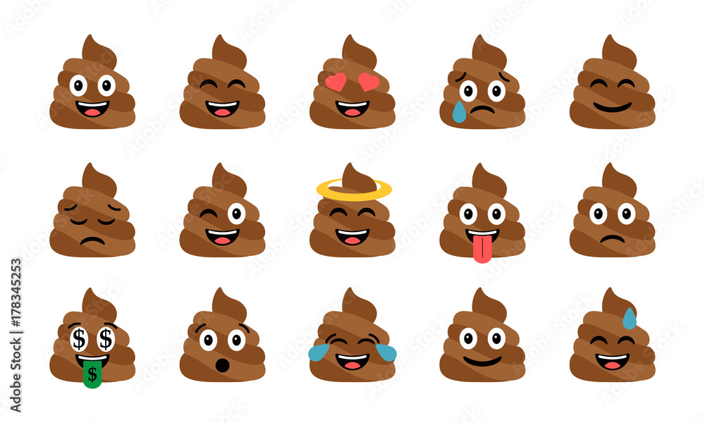 Cute funny poop set. Emotional shit icons. Happy emoji, emoticons Stock ...