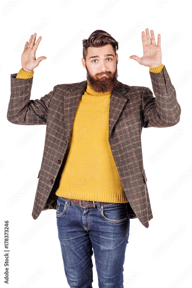 man posing with hands up on white background. human emotion expression ...