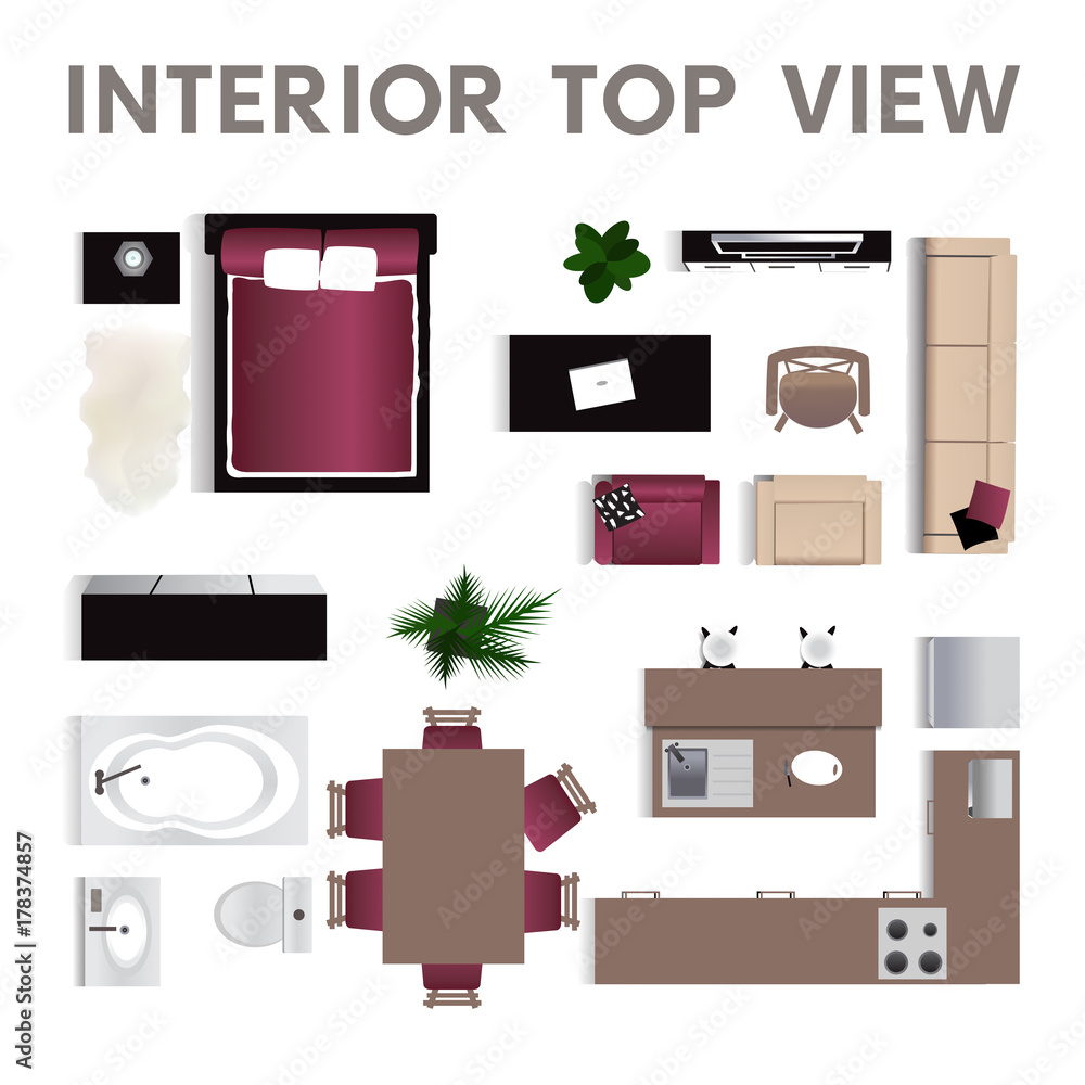Interior top view. Set of isolated realistic interior icon. Vector ...