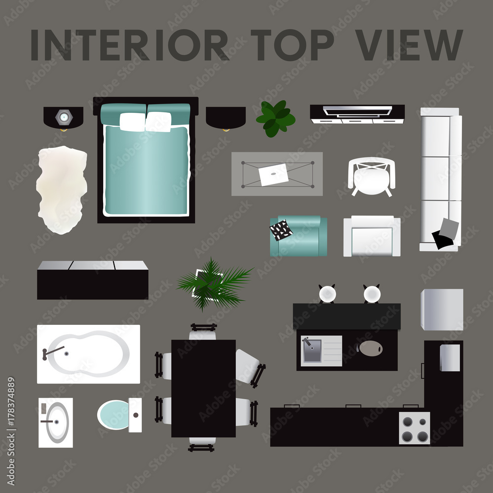 Interior top view. Set of isolated realistic interior icon. Vector ...