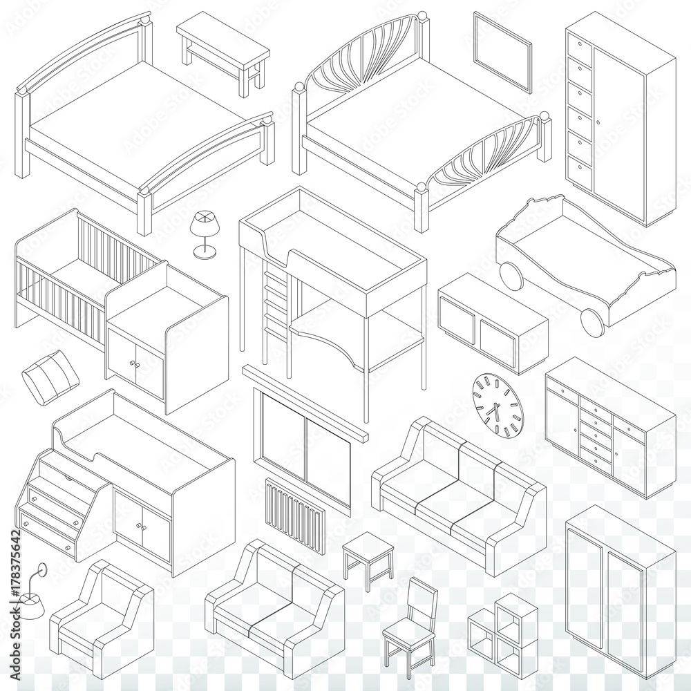 Modern design in 3D style Home furniture set, living room, bedroom ...