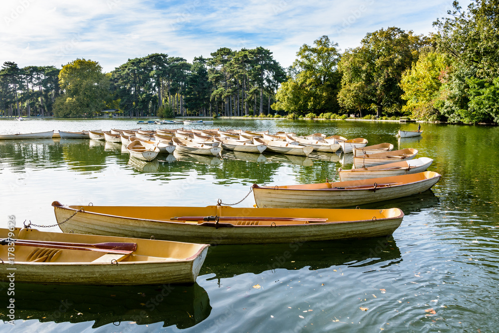 A fleet of rental rowboats bound to one another at the end of the day ...