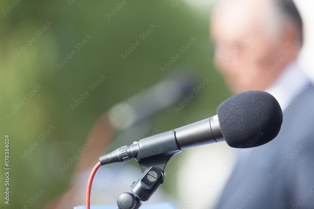 Political campaign. Press conference. Microphone. Speaker. Speech ...