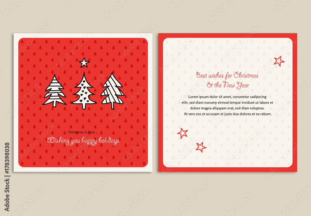 Christmas Card Layout with Tree Illustrations Stock Template | Adobe Stock