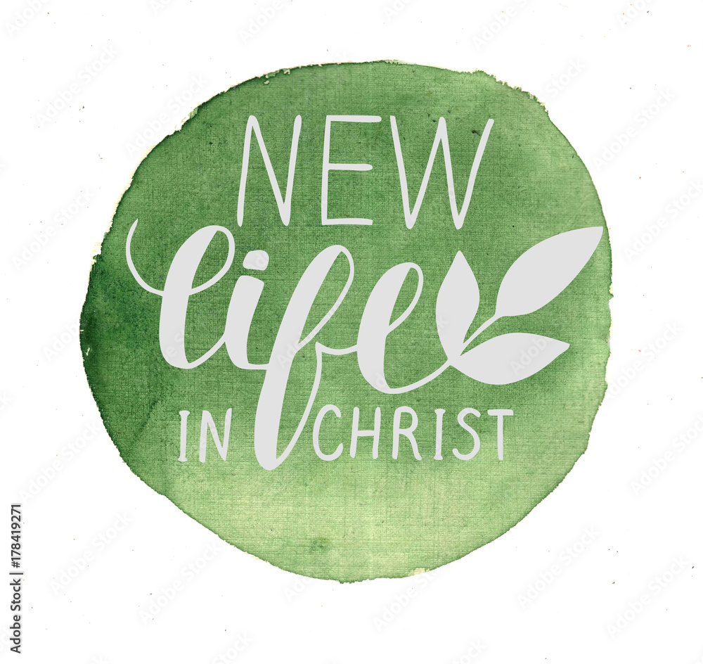 Hand lettering New life in Christ made on green watercolor background ...