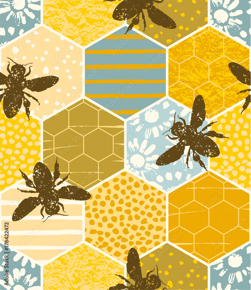 Seamless geometric pattern with bee. Modern abstract honey design ...
