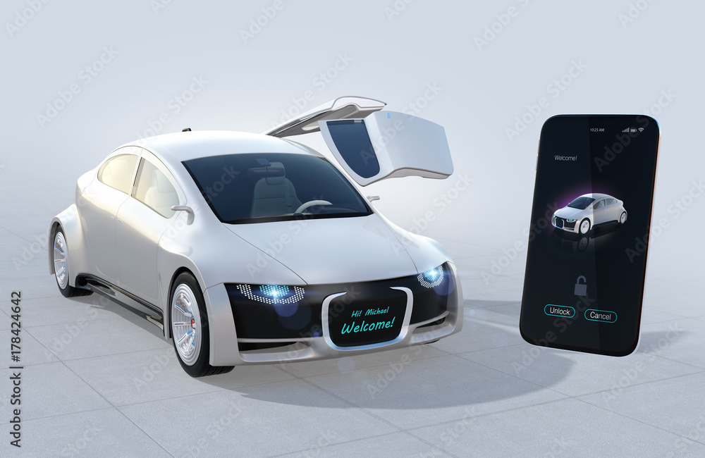 Using smart phone sharing app to unlock car's doors. Car sharing ...