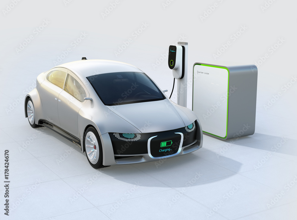 Electric car charging in charging station. Front grille with digital ...