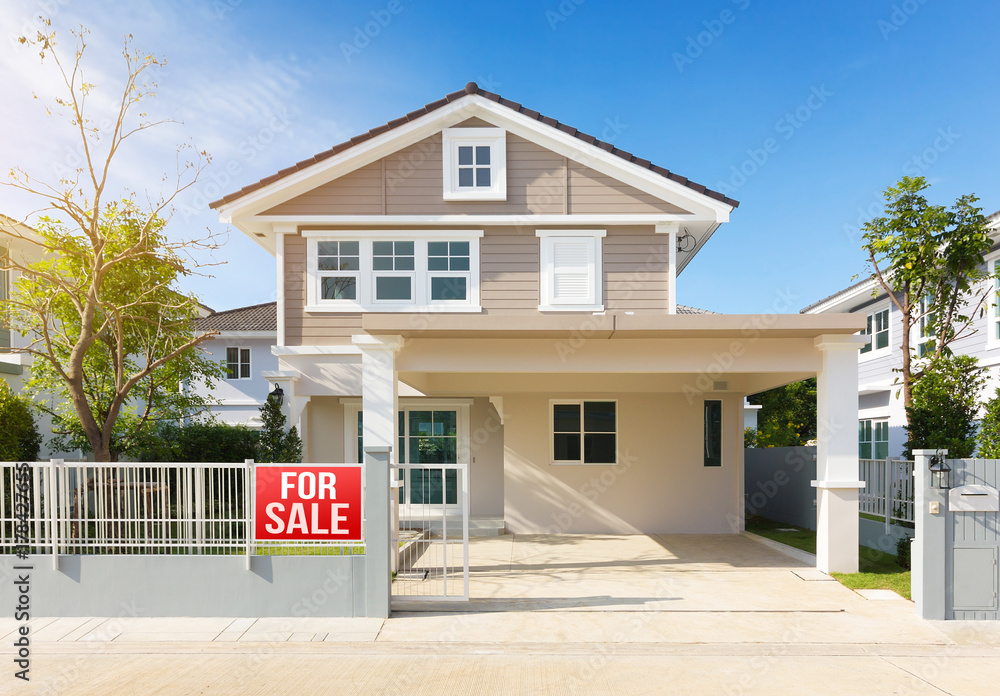 Home For Sale Real Estate Sign in Front of New House.Beautiful exterior ...