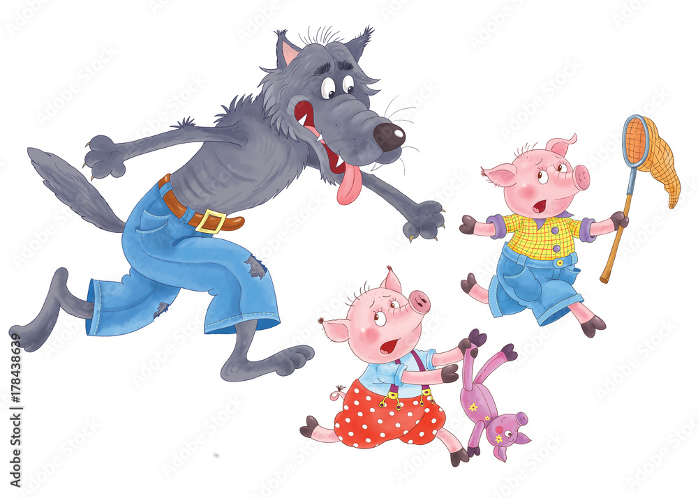 Three little pigs. Fairy tale. Cute pigs and a hungry wolf. Coloring ...