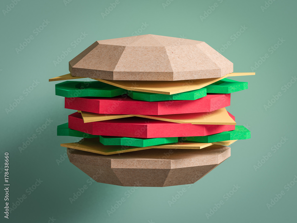 Different food from cardboard on blue background. Cartoon food product ...