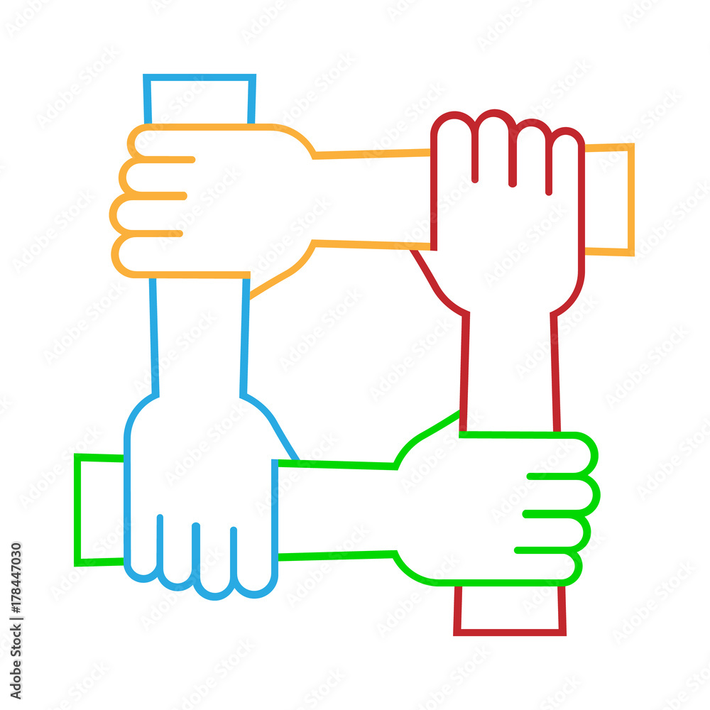 Vetor de Four hands hold together for the wrist other. Four connected ... Vetor de Four hands hold together for the wrist other. Four connected ...