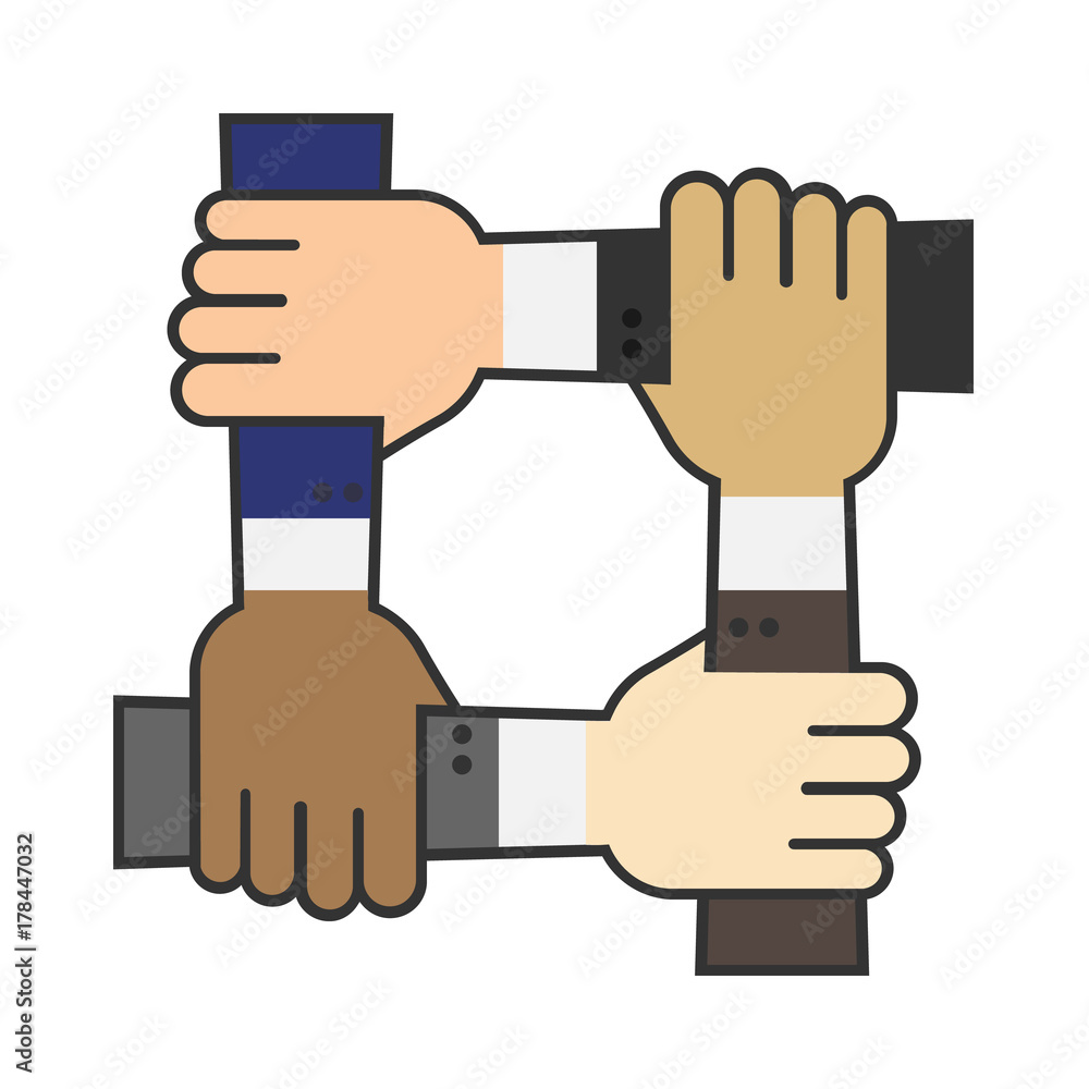 Four hands hold together for the wrist other. Four connected hands ...