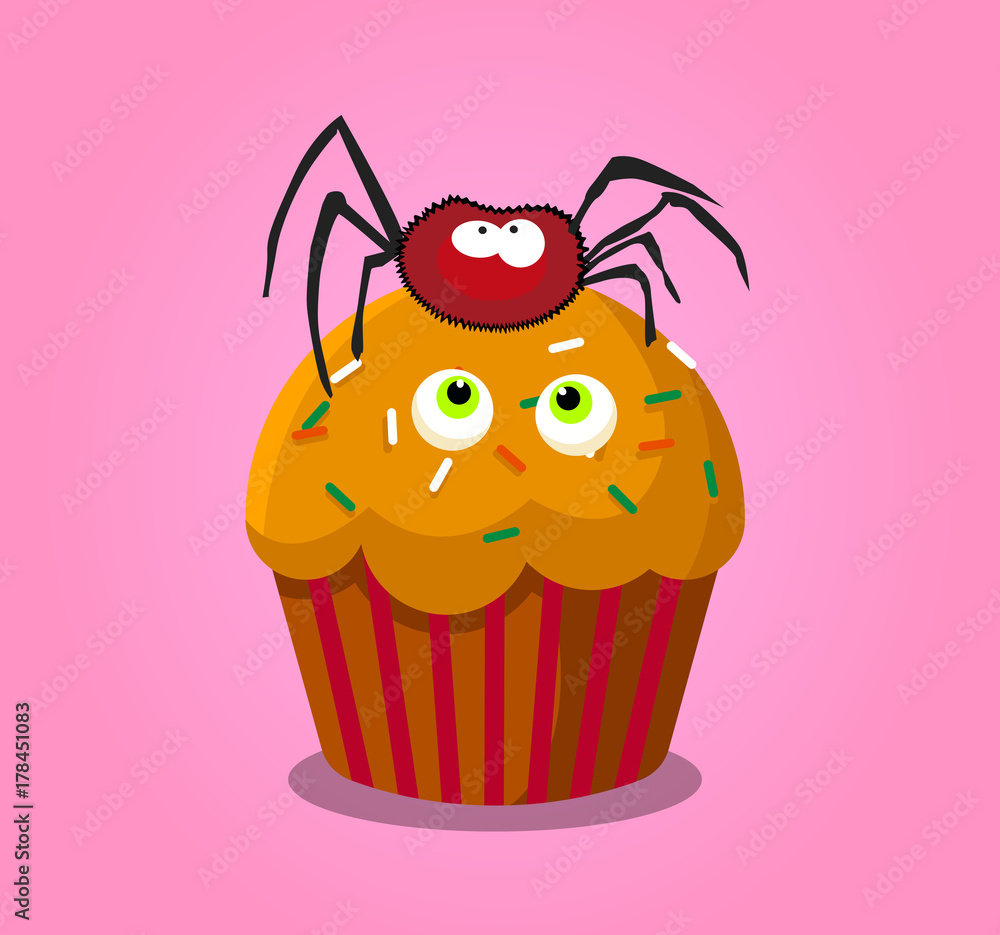 Cute happy halloween cupcake with spider and monster eyes isolated on ...