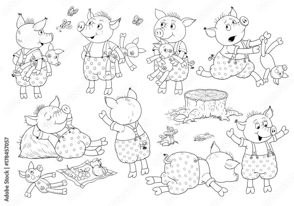 Three little pigs. A cute pig. Fairy tale. Coloring book. Coloring page ...