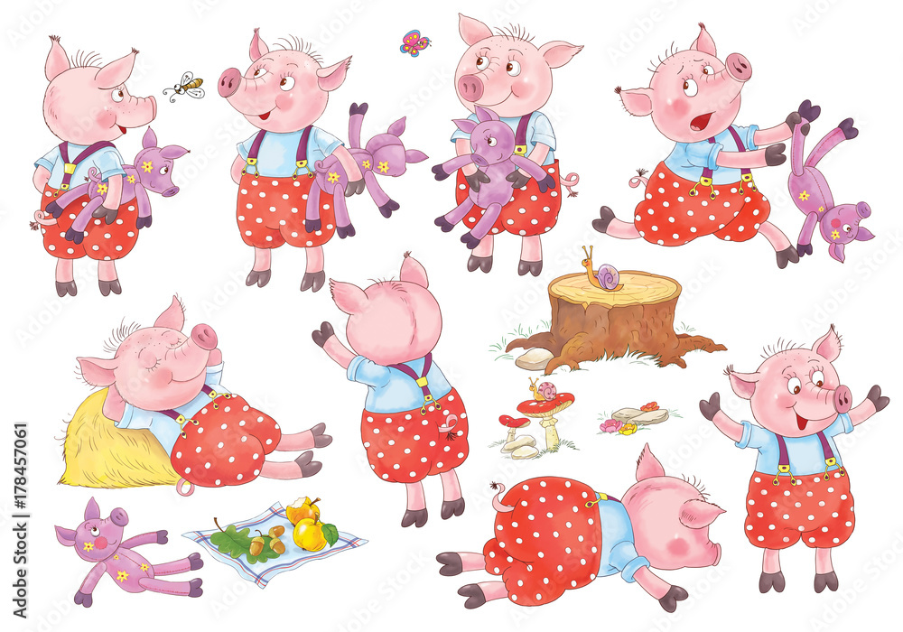 Three little pigs. A cute pig. Fairy tale. Coloring book. Coloring page ...