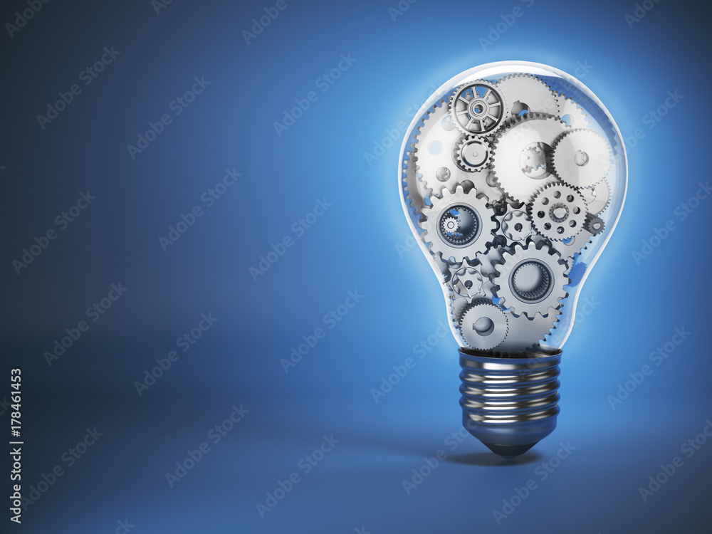 Light bulb and gears. Perpetuum mobile. Innovation, creativity and idea concept background ...