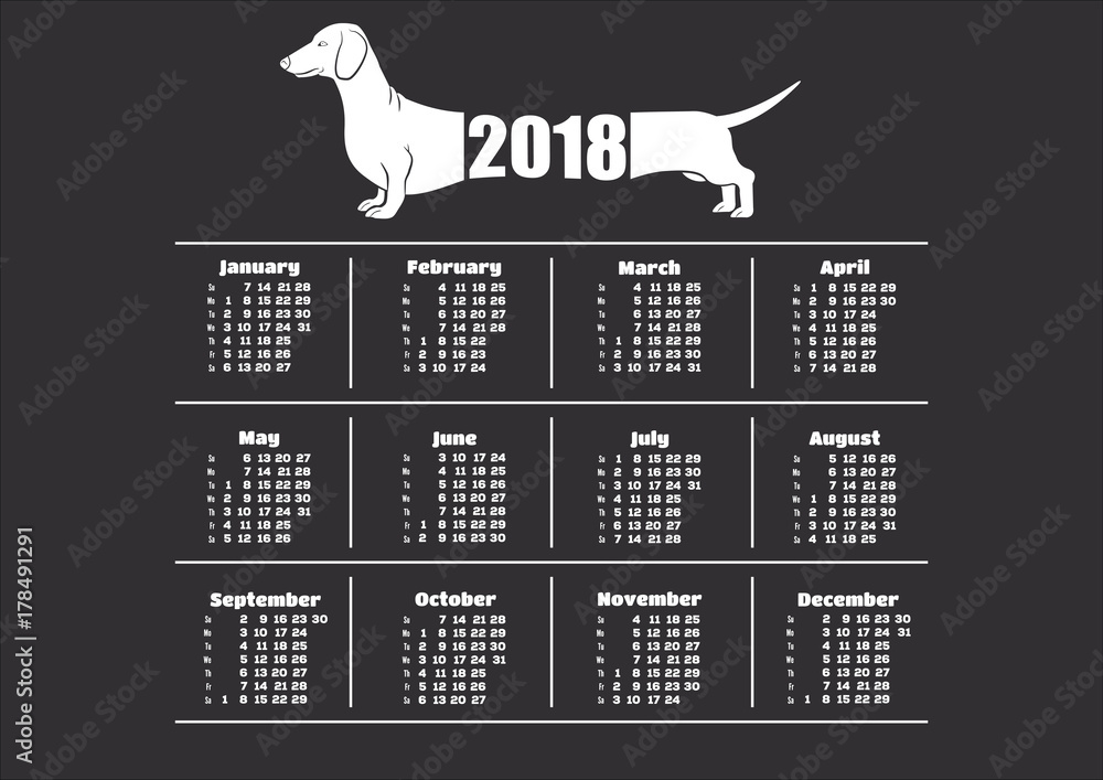 Simple 2018 year calendar with Dog. Week starts from Sunday. Vector ...