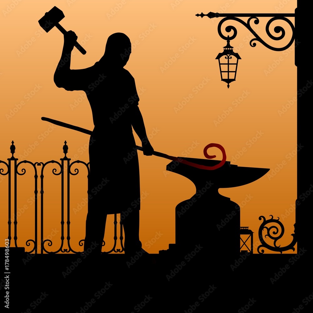 Silhouette of the smith. Blacksmith in the smithy. The smith forges ...