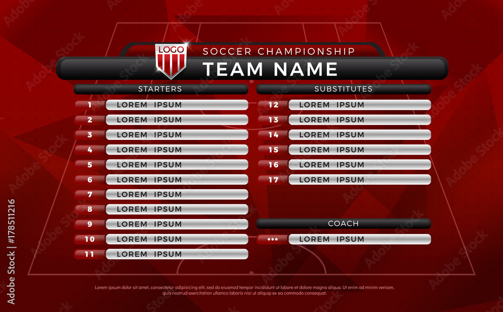 Broadcast graphic for football starting and substitutes, reserves ...