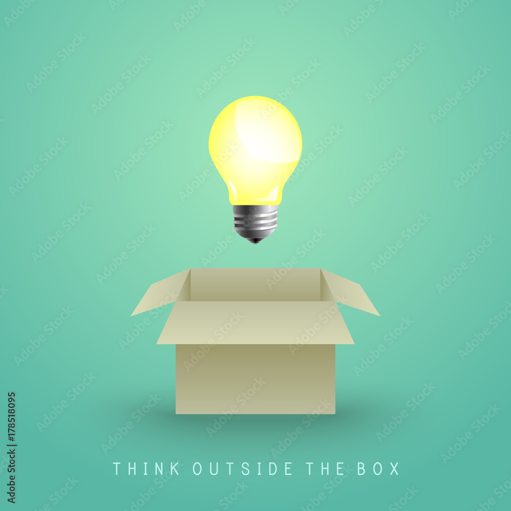 Think outside the box concept with realistic lightbulb and cardboard ...
