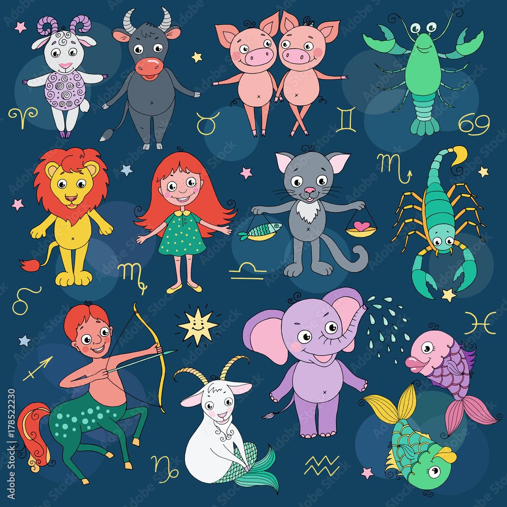 Big set of cute fantastic animals and characters as zodiac signs Stock ...