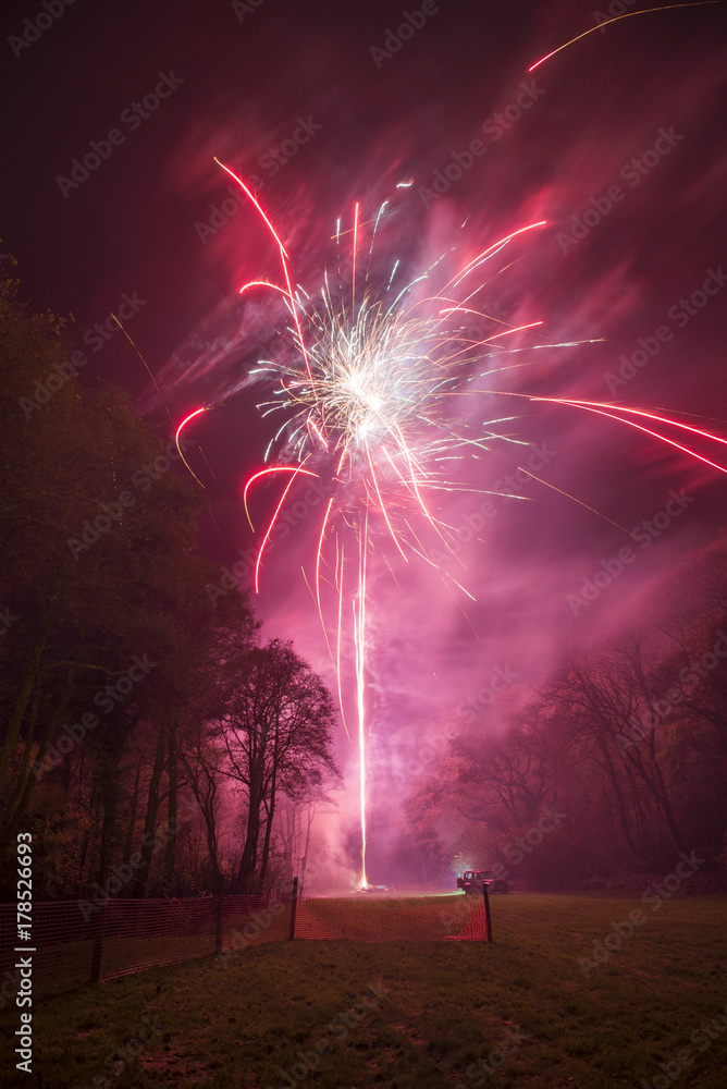 Firework display with red colours in a parkland scene , rilla mill ...