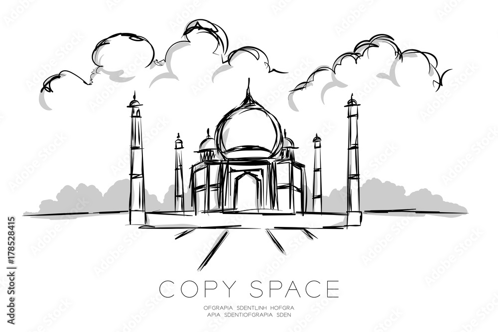 Travel landmark destination set, Taj Mahal hand drawing concept design ...