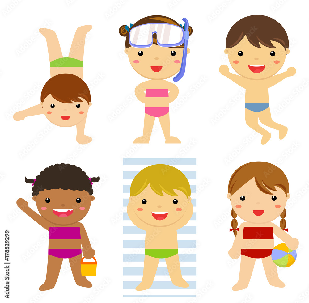 Young kids in swimsuits playing Stock Vector | Adobe Stock