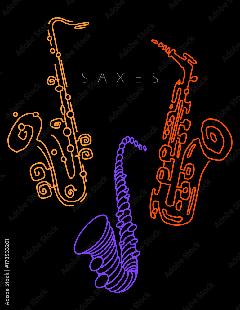 Sax illustration in neon colors on a black background. For print or web ...