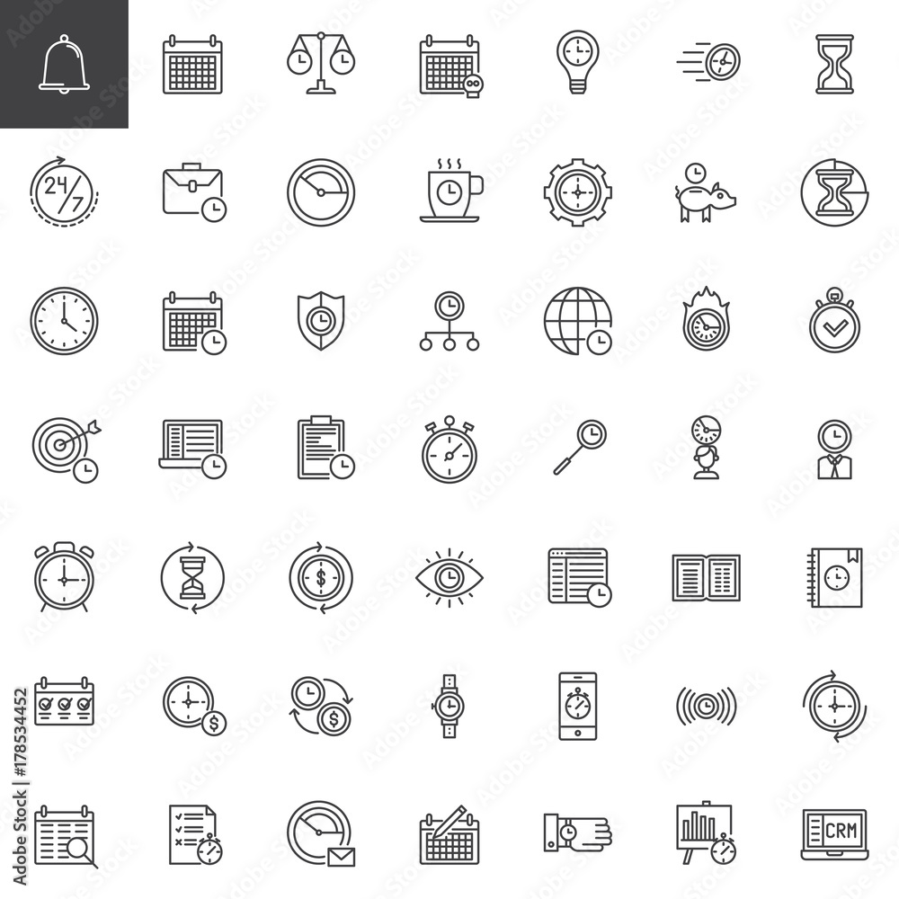 Time Management Line Icons Set Outline Vector Symbol Collection Linear Style Pictogram Pack