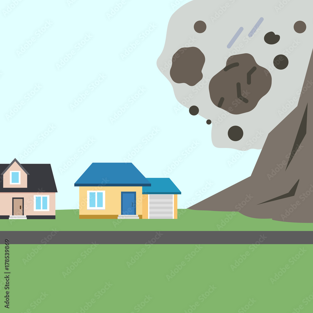 The collapse of mountain to buildings. Rockfall. Stones fall from the ...