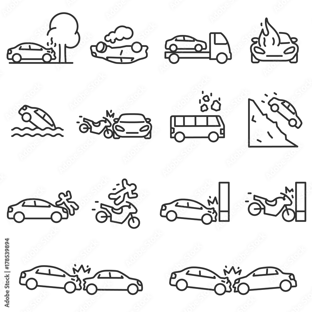 Road accident icon set. Accidents involving a passenger car, motorcycle ...