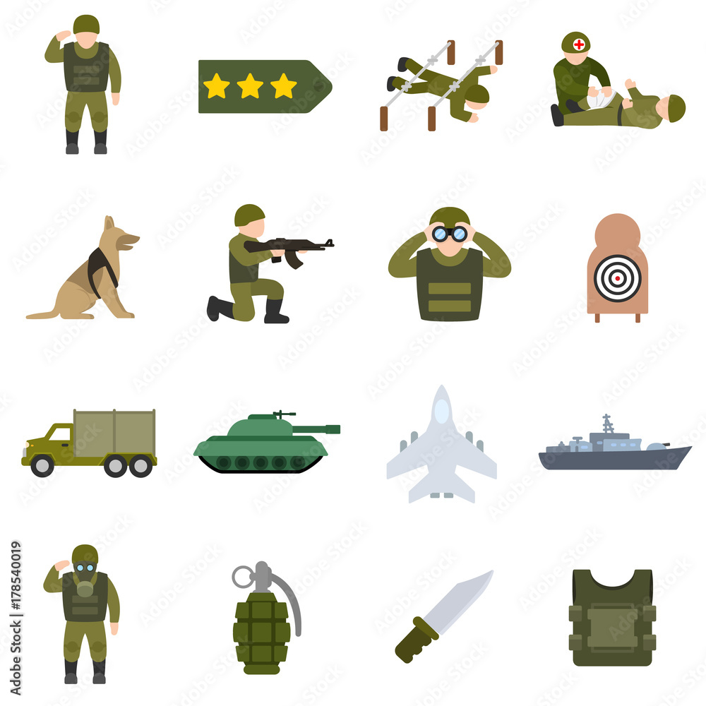 Army, icon set. Military service. Isolated vector illustration. Stock ...