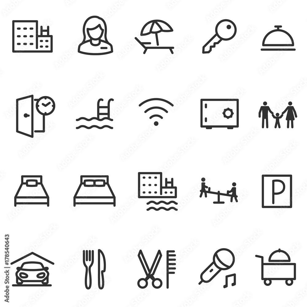 Hotel, icon set. Services and conditions of stay.Line with editable ...
