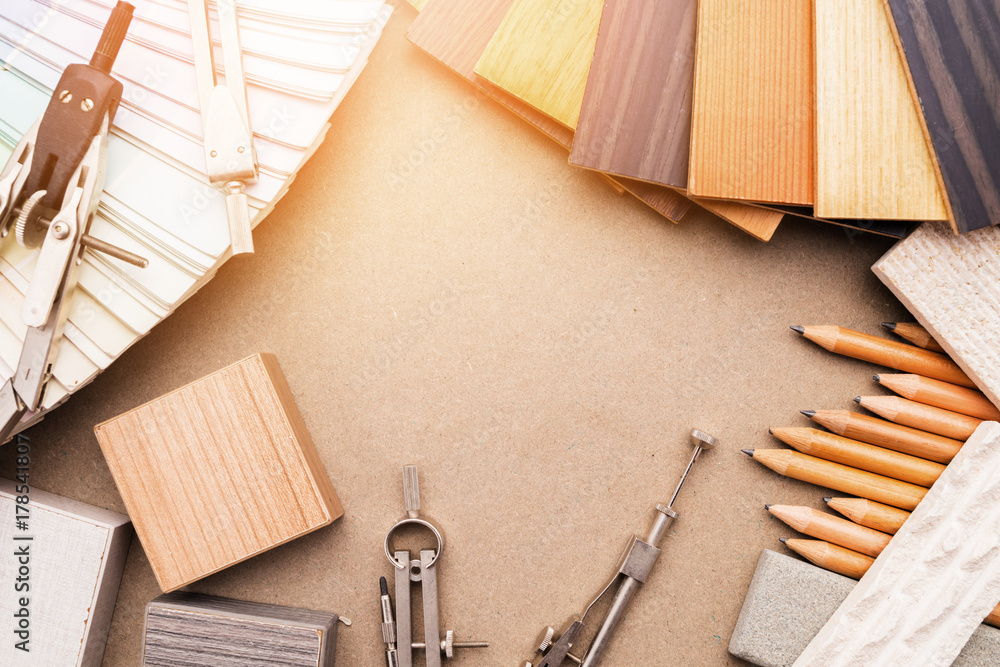 design concept with material sample with stone laminate veneer wooden ...