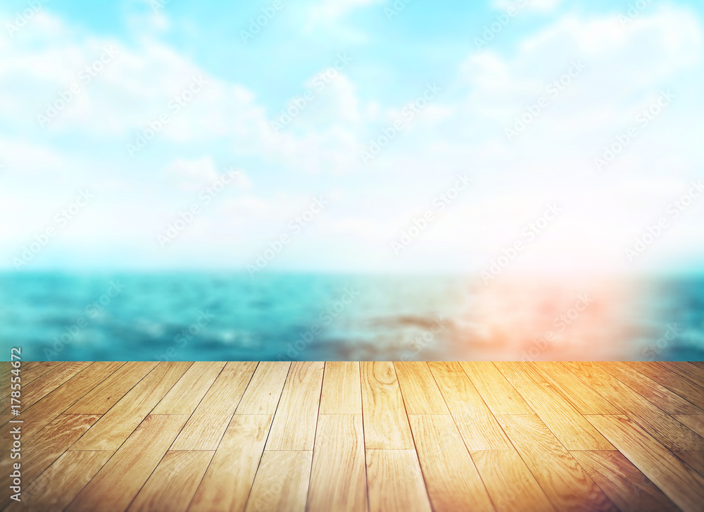 Wood table top on blur sea background. Summer, nature concepts. For ...