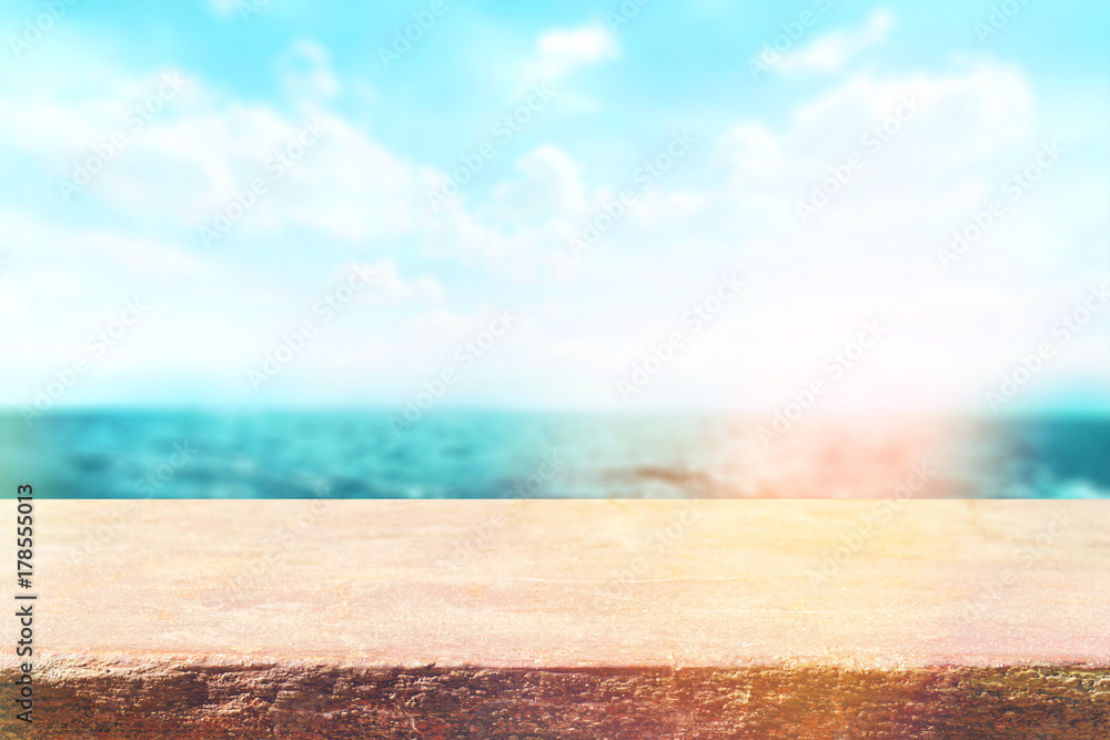 Wood table top on blur sea background. Summer, nature concepts. For ...